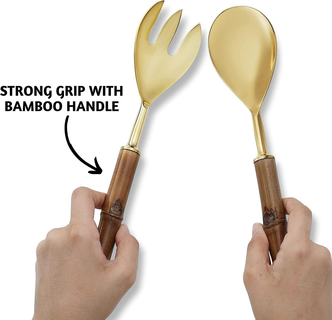 Steel and Bamboo Salad Servers - Golden – Folkulture India